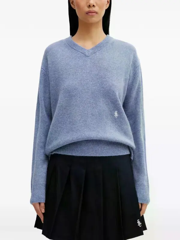 SPORTY & RICH V-neck Long Sleeve Sweater - Blue