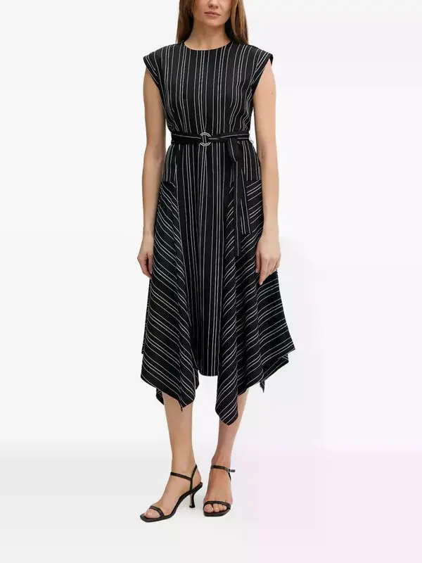 Dkny Striped Belted Sleeveless Round Neck Asymmetric Hem Dress