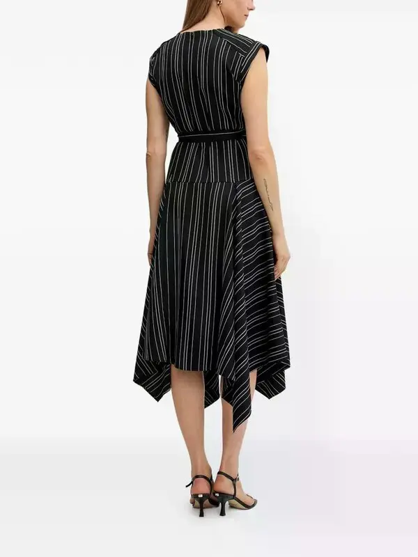 Dkny Striped Belted Sleeveless Round Neck Asymmetric Hem Dress