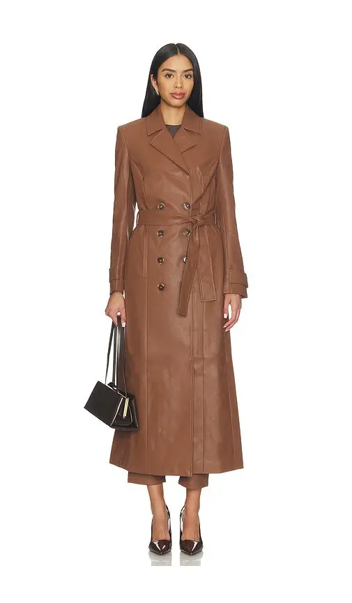 Bardot Faux Leather Longline Trench Coat - Brown