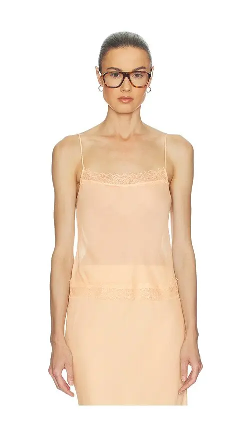 HELSA Viscose Satin Cami With Lace Trim - Beige