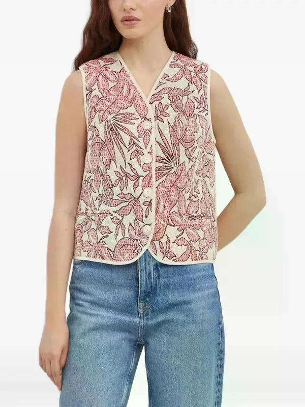 LA PETITE FRANÇAISE Floral V-neck Sleeveless Vest - Neutrals