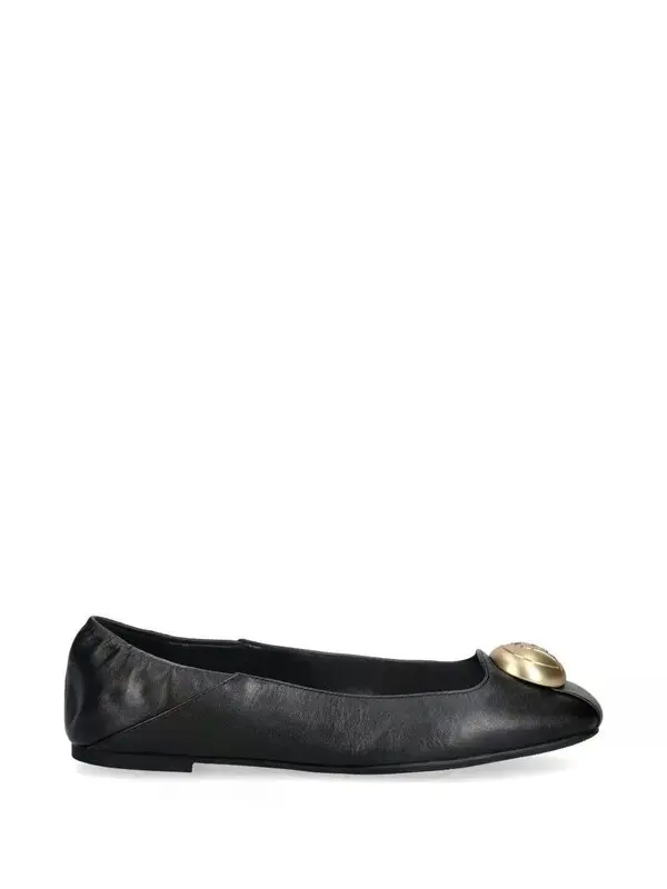 Liu Jo Leather Ballet Flats With Gold Tone Logo Detail - Black