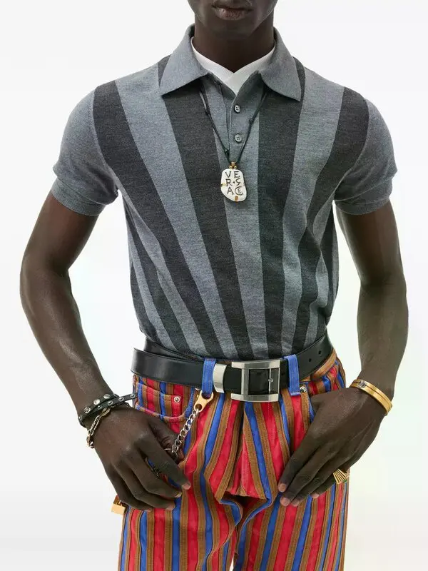 Versace Embroidered Intarsia Wool Knit Polo