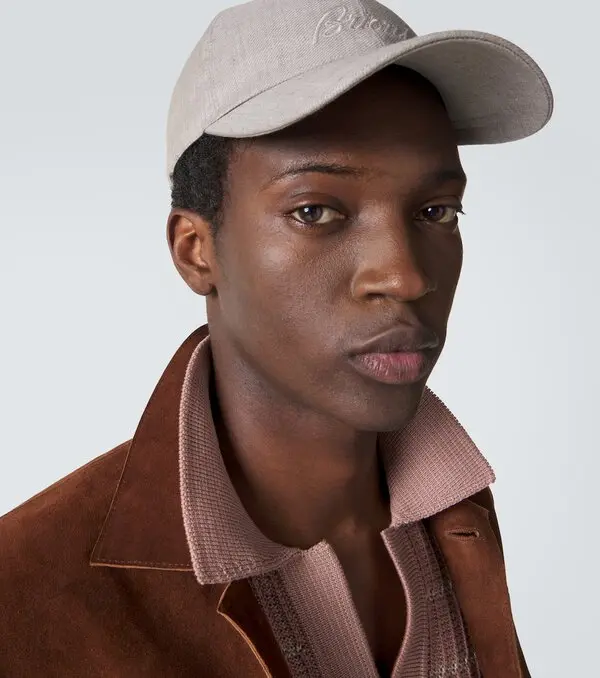 Brioni Logo Baseball Cap In Linen And Wool - Grey