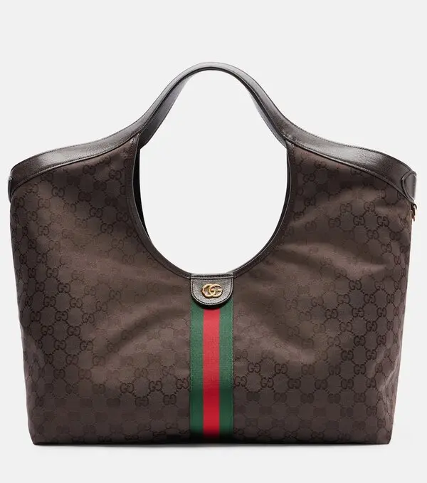 Gucci Large Gg Canvas Tote Bag With Leather Trim - Brown