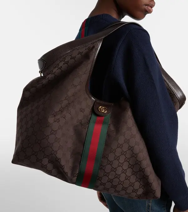 Gucci Large Gg Canvas Tote Bag With Leather Trim - Brown