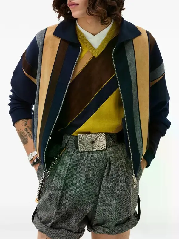 Versace Intarsia Wool & Leather Patchwork Zip Jacket