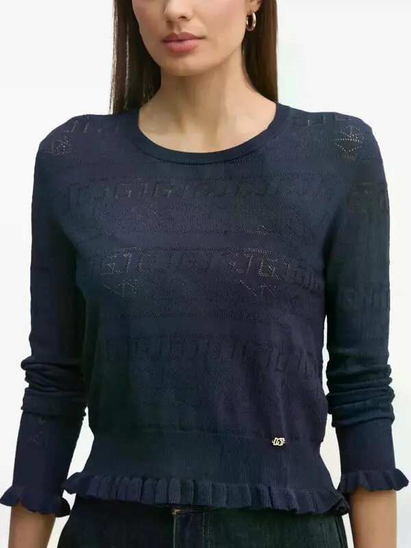 GAUDI Navy Geometric Pattern Fine Knit Sweater With Ruffled Hem
