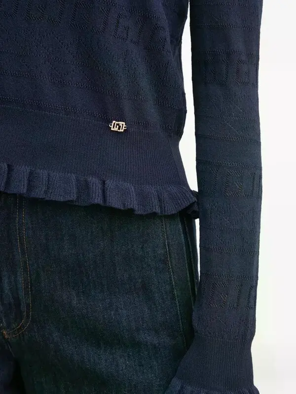 GAUDI Navy Geometric Pattern Fine Knit Sweater With Ruffled Hem