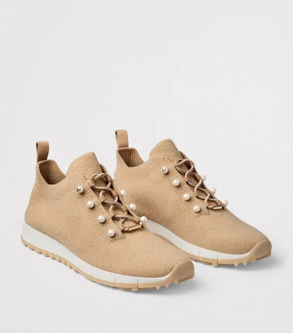 JIMMY CHOO Veles Cashmere Sneakers With Pearl Embellishments - Brown