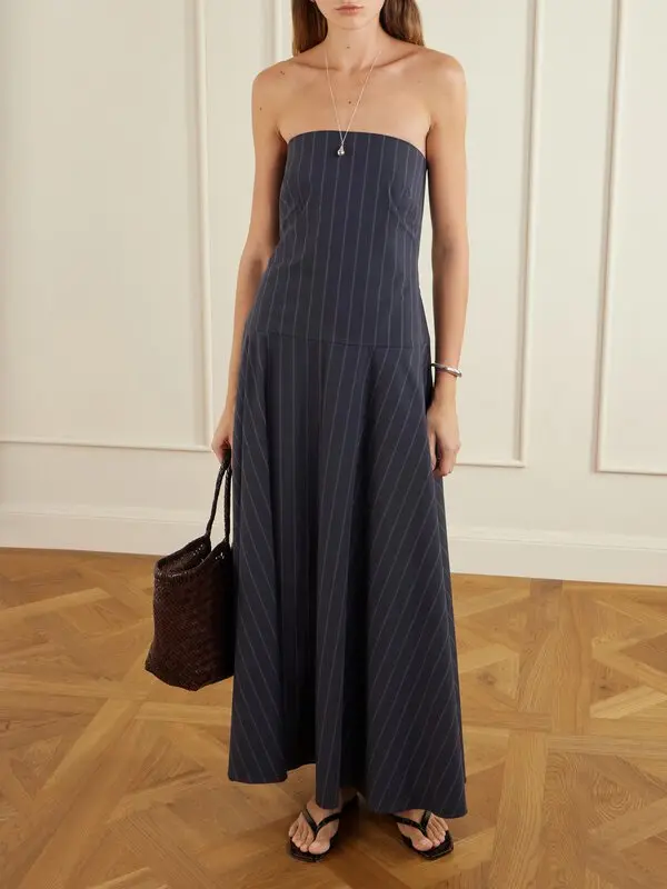 ST. AGNI Strapless Open-back Striped Cotton-blend Maxi Dress