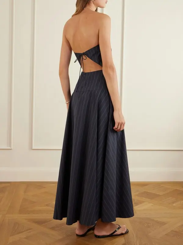 ST. AGNI Strapless Open-back Striped Cotton-blend Maxi Dress