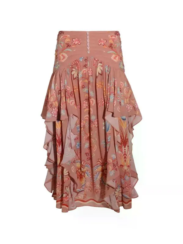 Farm Rio Floral Print Ruffled Asymmetric Hem Skirt - Pink