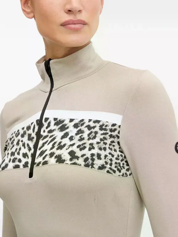 NEWLAND Beige Leopard Print High Neck Zip Top