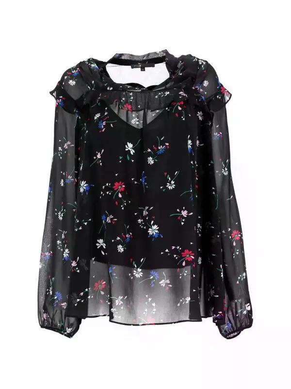 Maje Floral Print Ruffled Sheer Blouse - Black