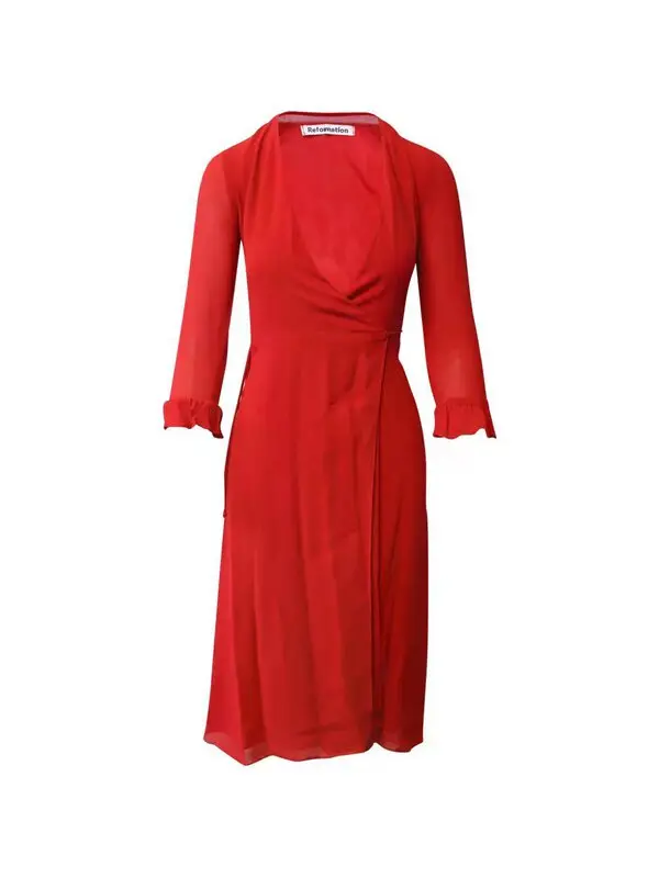 REFORMATION Wrap Detail Ruffle Midi Dress - Red