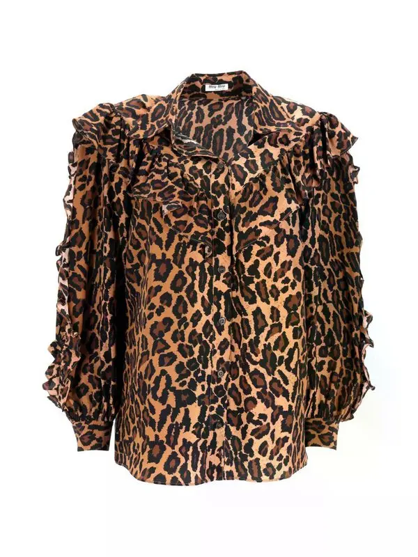 Miu Miu Leopard Print Ruffled Silk Shirt - Neutrals