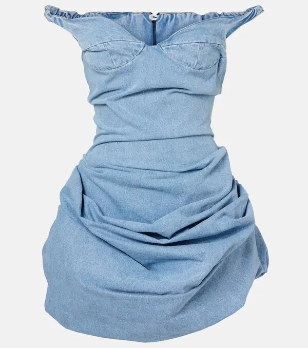Magda Butrym Gathered Off-shoulder Denim Minidress - Blue
