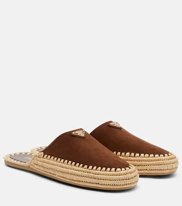 Prada Suede And Jute Mules Cacao - Brown