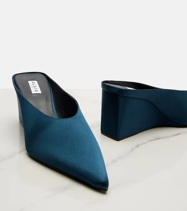 Alaïa Cube Satin Wedge Mules Bleu Petrole - Blue