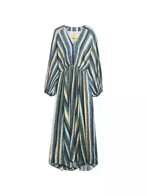 Momoni Francisco V-neck Maxi Dress With Stripes And Slit - Blue