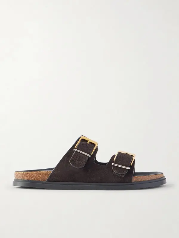 THE ROW Buckled Suede Slides - Brown
