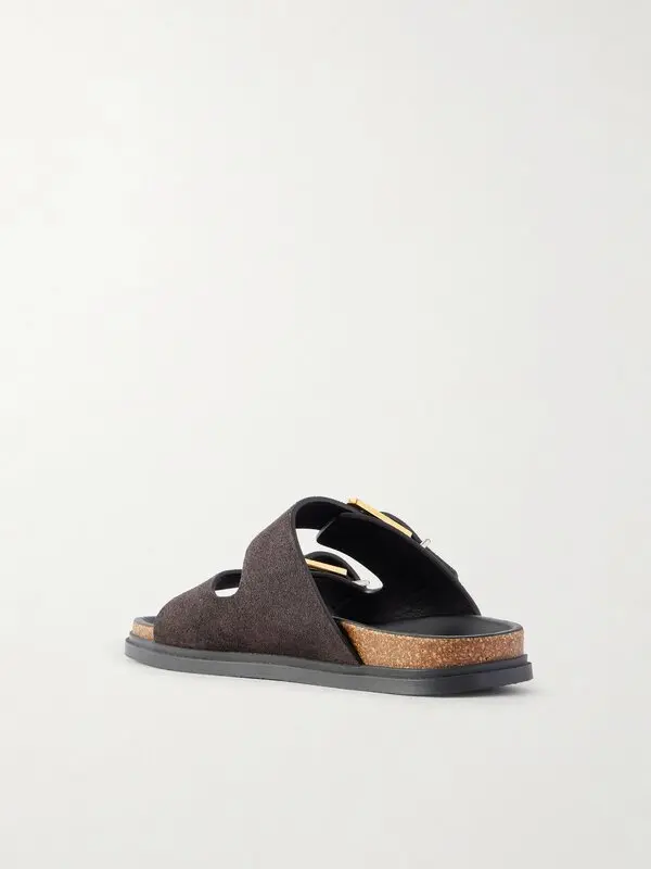 THE ROW Buckled Suede Slides - Brown
