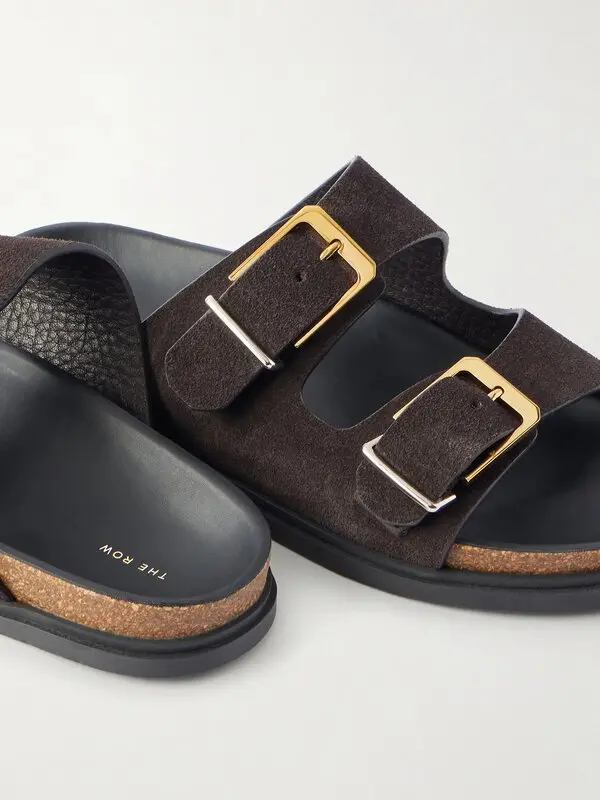 THE ROW Buckled Suede Slides - Brown