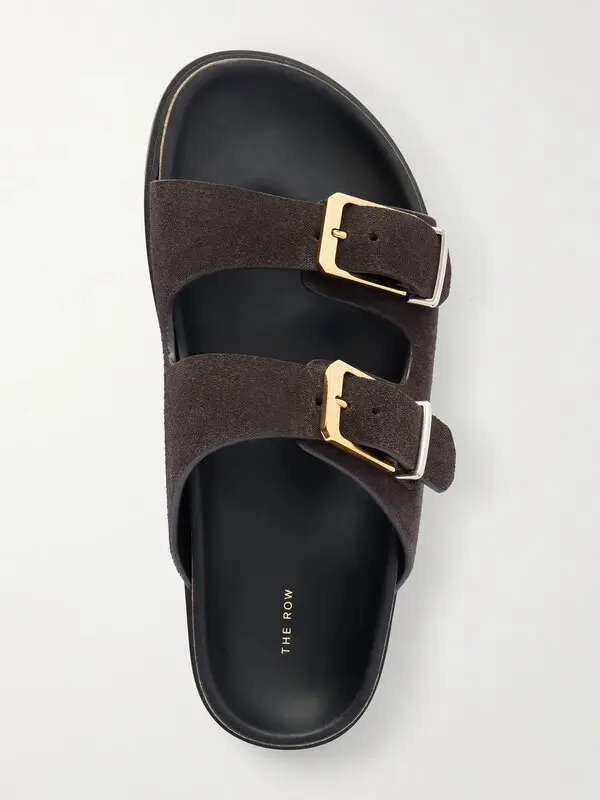 THE ROW Buckled Suede Slides - Brown
