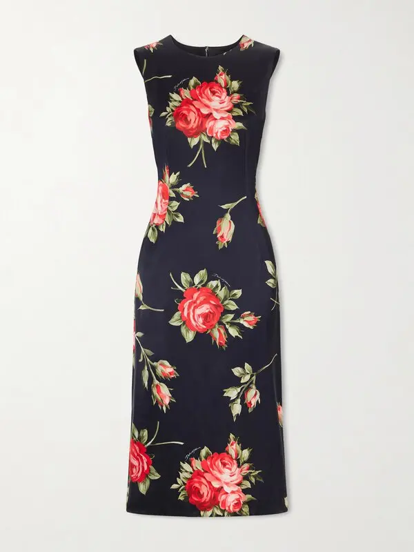 Dolce & Gabbana Floral-print Satin Midi Dress - Black