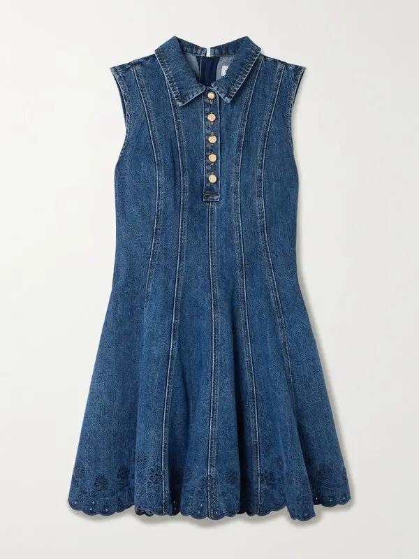 SELF-PORTRAIT Paneled Broderie Anglaise Denim Mini Dress - Blue