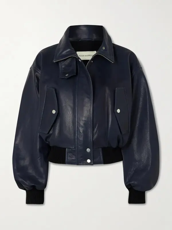 Nour Hammour Briar Cropped Leather Bomber Jacket - Blue