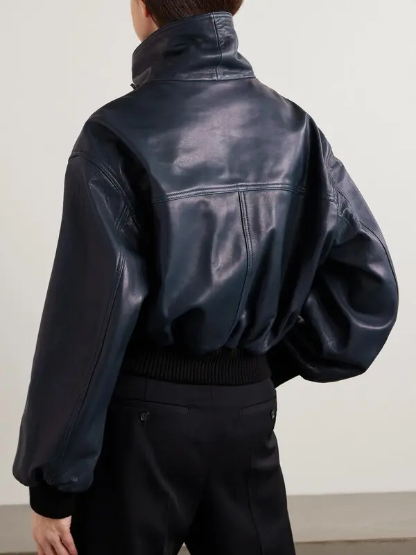Nour Hammour Briar Cropped Leather Bomber Jacket - Blue