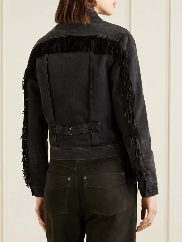Ralph Lauren Emerson Cropped Denim Jacket With Leather Trim And Fringe
