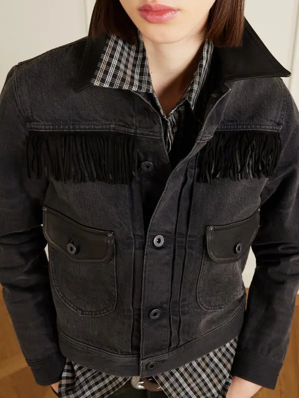 Ralph Lauren Emerson Cropped Denim Jacket With Leather Trim And Fringe