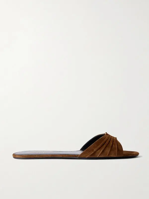 Saint Laurent Babylone Embellished Gathered Suede Slides - Brown
