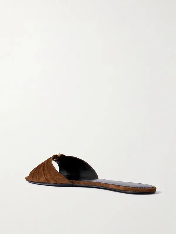 Saint Laurent Babylone Embellished Gathered Suede Slides - Brown