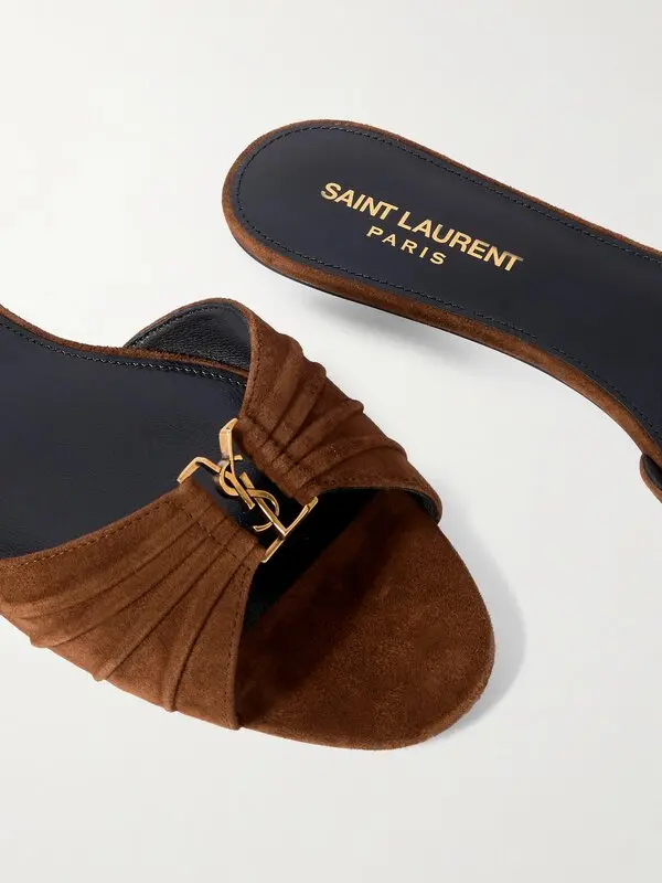 Saint Laurent Babylone Embellished Gathered Suede Slides - Brown