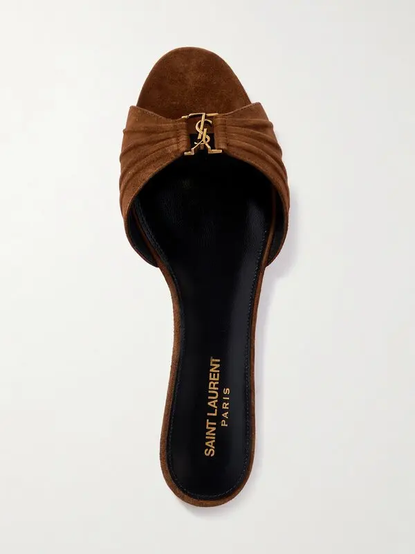 Saint Laurent Babylone Embellished Gathered Suede Slides - Brown