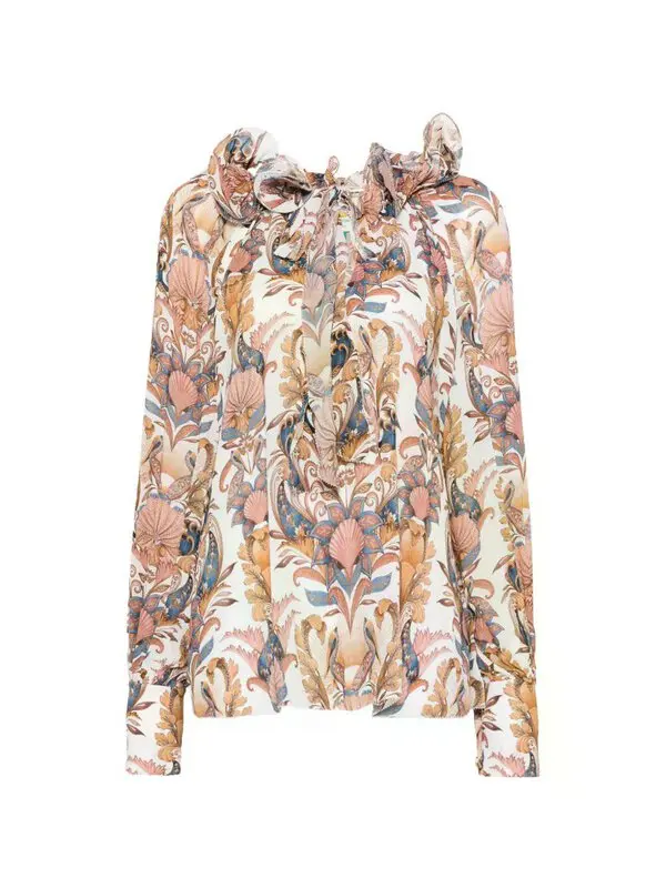 Farm Rio Sea Garden Ruffled Long Sleeve Blouse - Neutrals