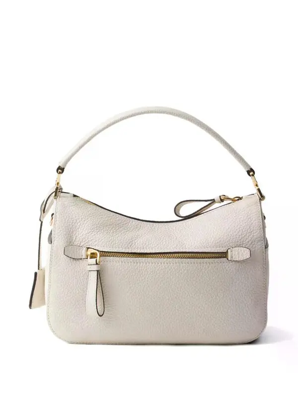 Prada Leather Shoulder Bag With Metal Lettering Logo - Neutrals