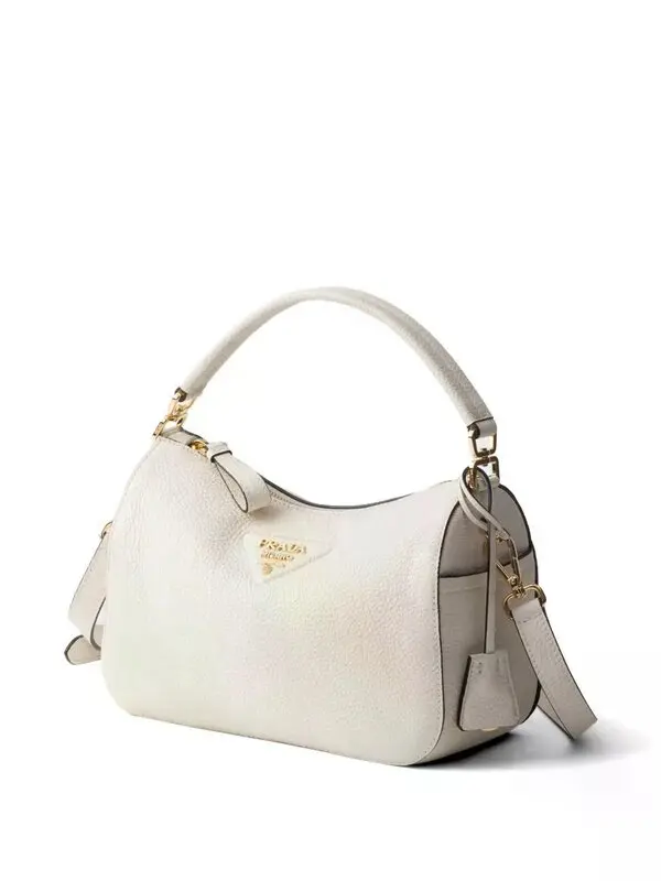Prada Leather Shoulder Bag With Metal Lettering Logo - Neutrals