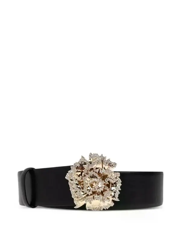 Alexander McQueen Embellished Floral Buckle Leather Belt - Black