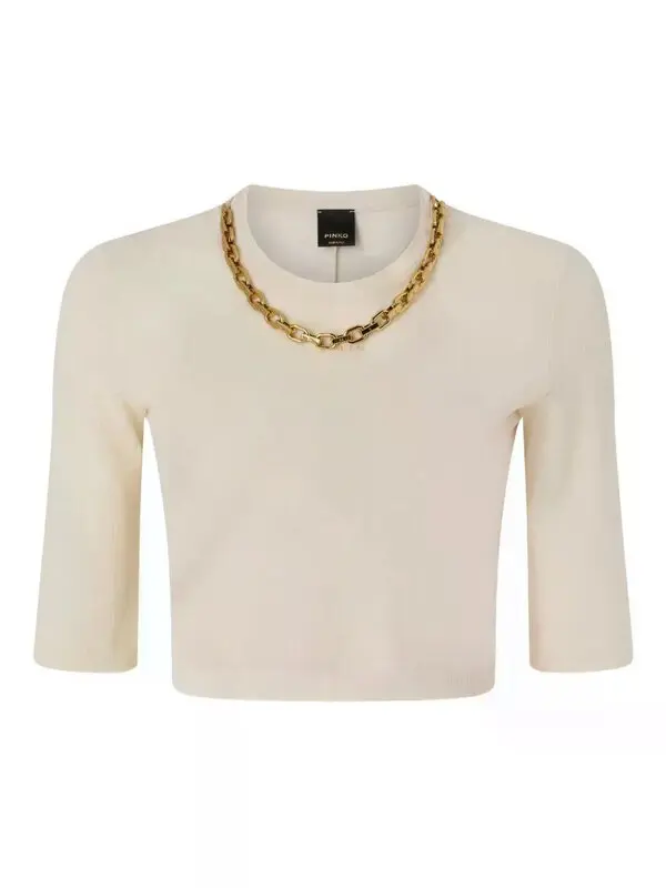 Pinko Cropped T-shirt With Chain Detail - Neutrals