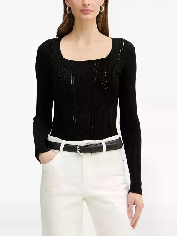TWINSET Square Neck Ribbed Knit Sweater With Perforated Details - Black