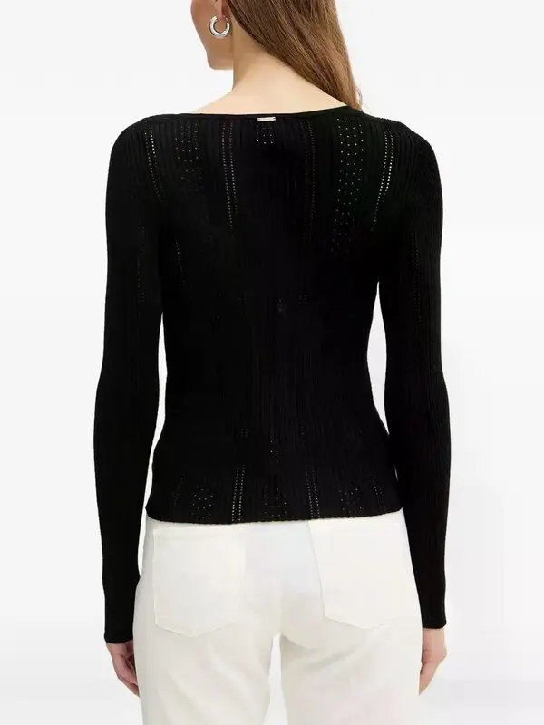 TWINSET Square Neck Ribbed Knit Sweater With Perforated Details - Black
