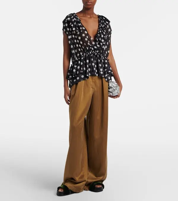 Dries Van Noten Polka-dot Ruffled V-neck Top - Black