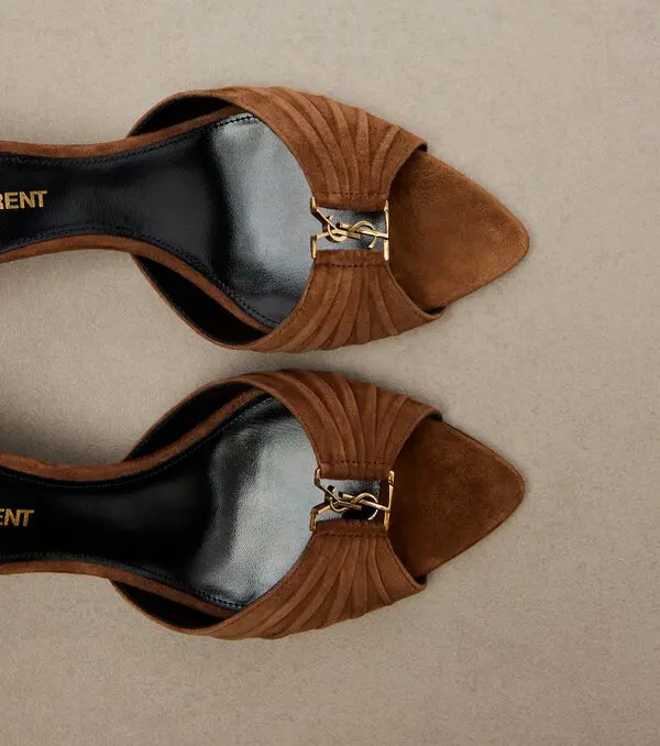 Saint Laurent Babylone Cassandre" Suede Mules - Brown