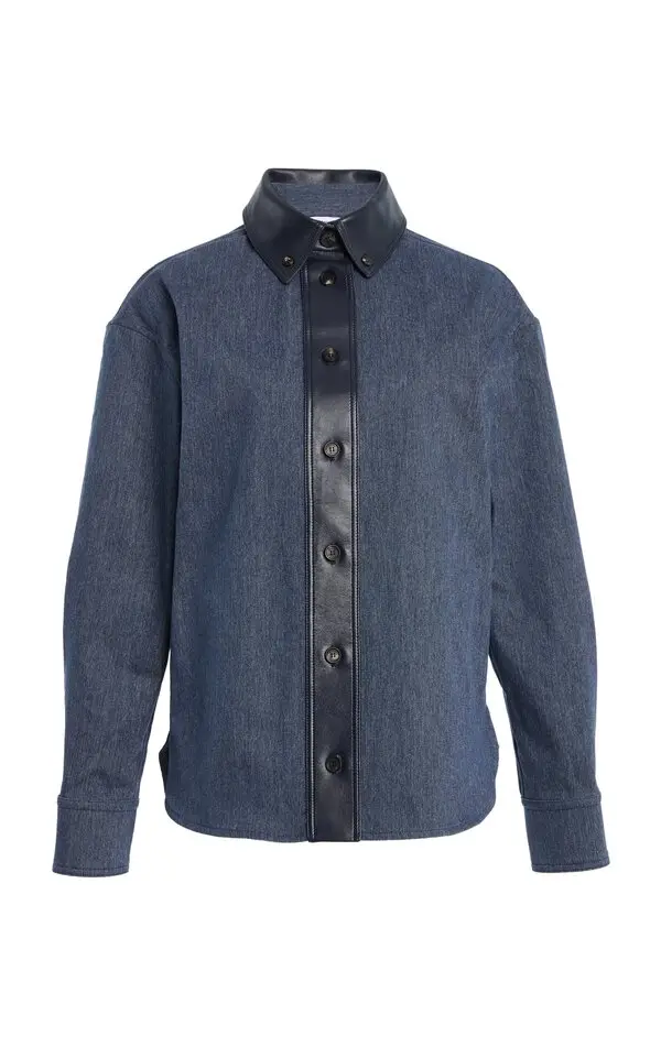 FERRAGAMO Cotton Denim Shirt With Leather Trim - Medium Wash